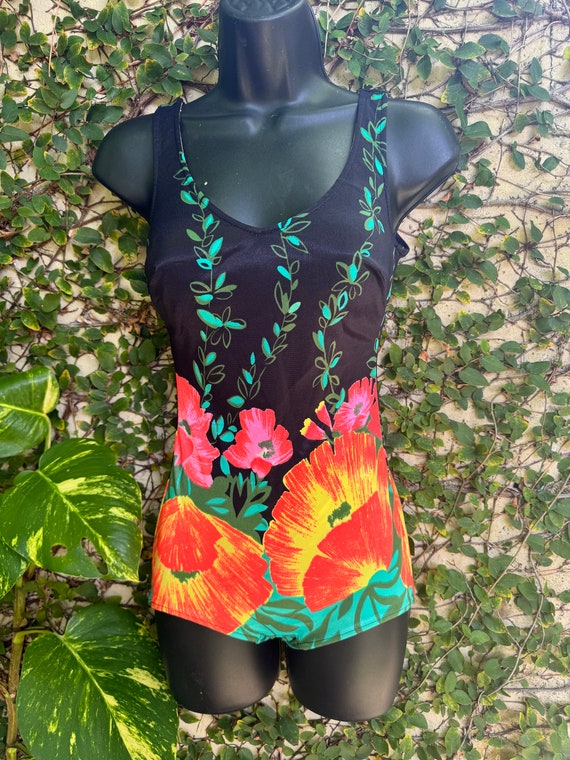 1960s 70s Floral One Piece Bathing Suit Swimwear Gem