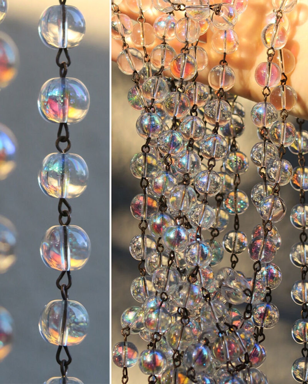 1ft Ab Rainbow 10mm Aurora Borealis Glass Bead Prism Chain Strand Brass ...