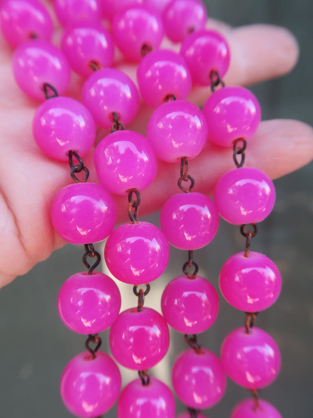 1ft Glass 12mm Bead Prism Strand Part Opaque Neon Fuscia Hot Pink Brass ...