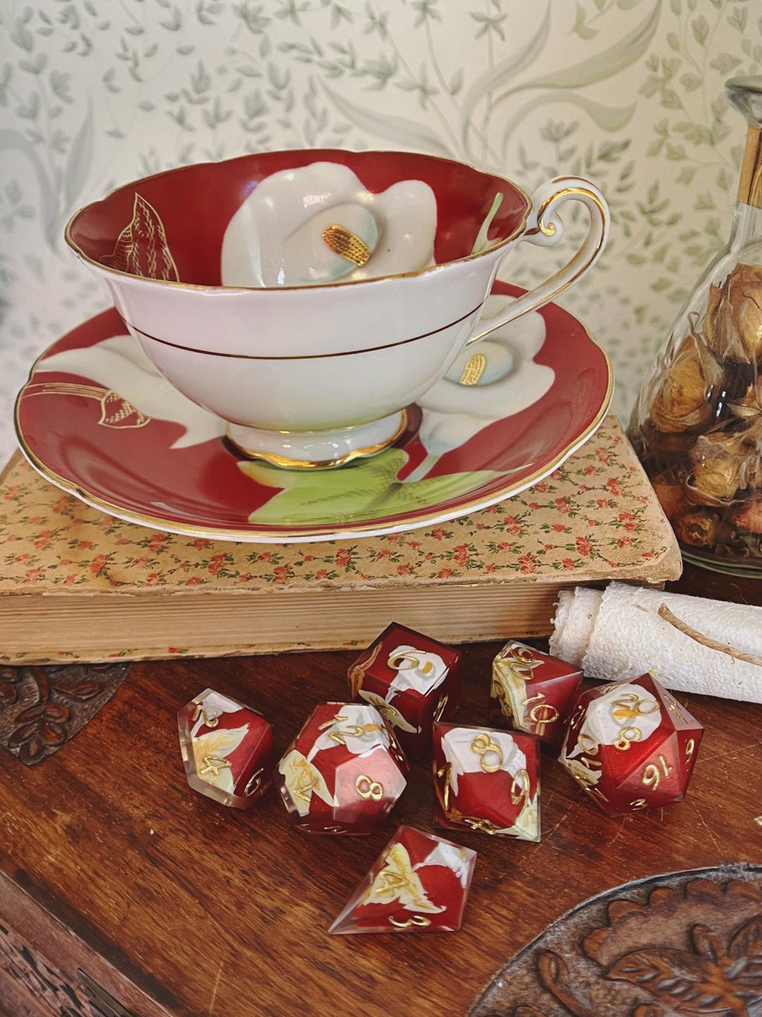 Custom DND Dice Set With Matching Vintage Red Lily Teacup and Saucer - Etsy