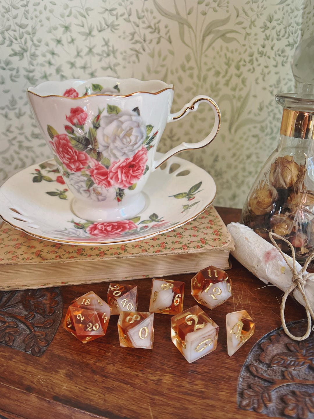 Tea Latte DND Dice Set With Tea Cup Pink Rose - Etsy
