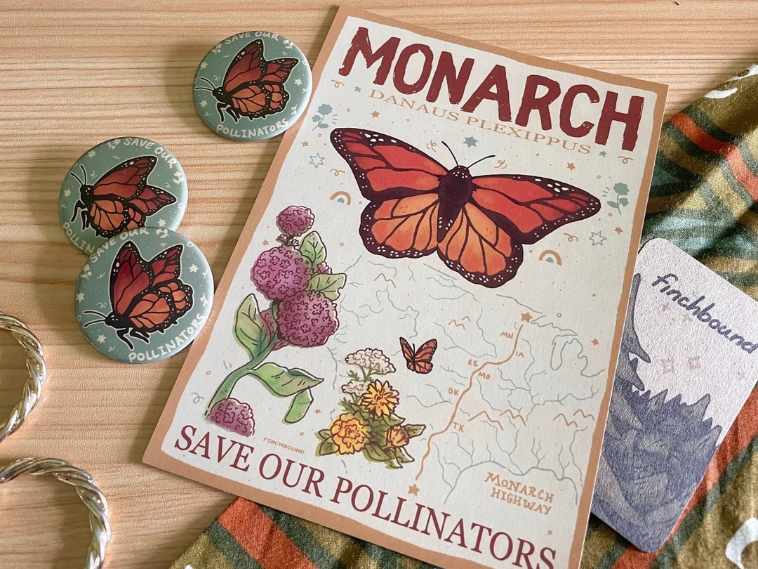 Monarch Butterfly Save Our Pollinators Post Card Print and Pin Back ...