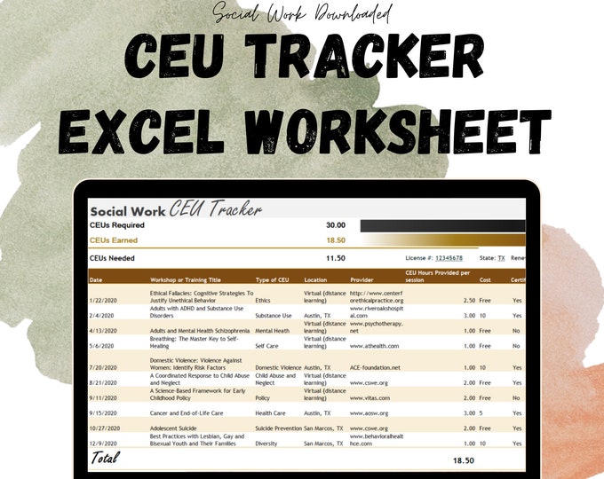 Social Work CEU Tracker Excel Worksheet Template | Social Work ...