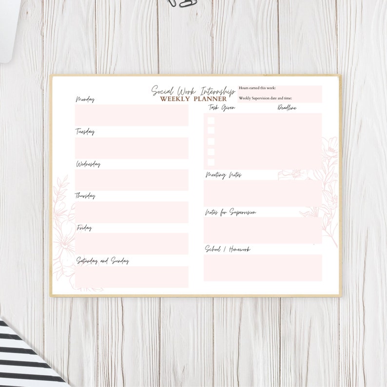 Social Work Internship Weekly Planner Printable | Field Placement ...
