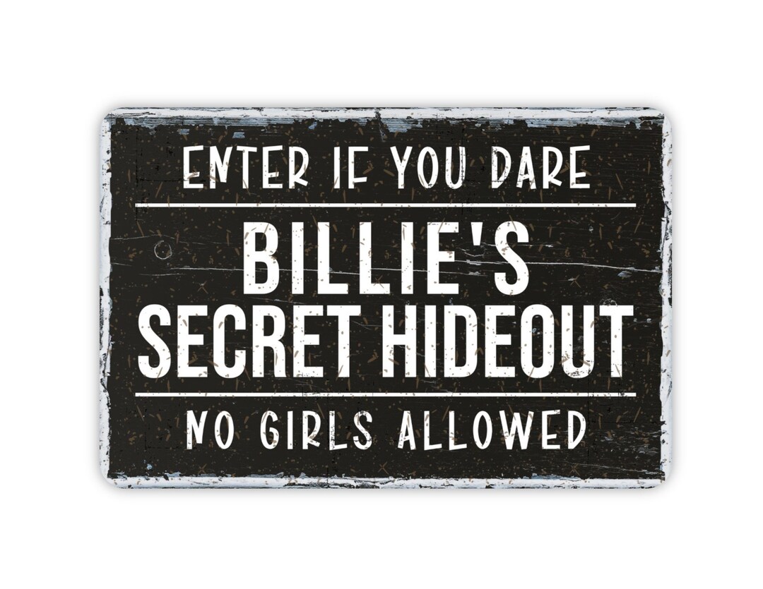 Personalized Secret Hideout Metal Sign, Distressed Contemporary Modern ...
