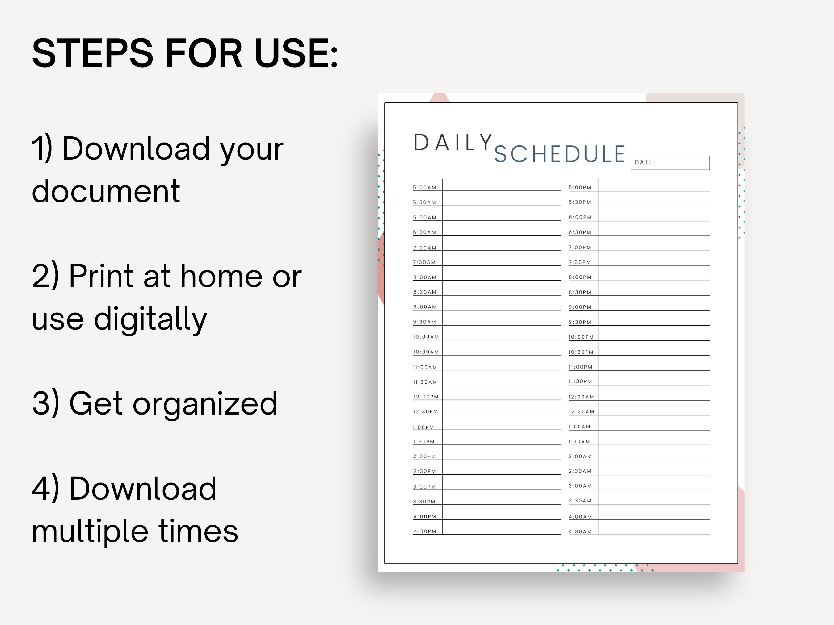 24 Hour Daily Planner Printable, Daily To-do List, Half Hour Planner ...