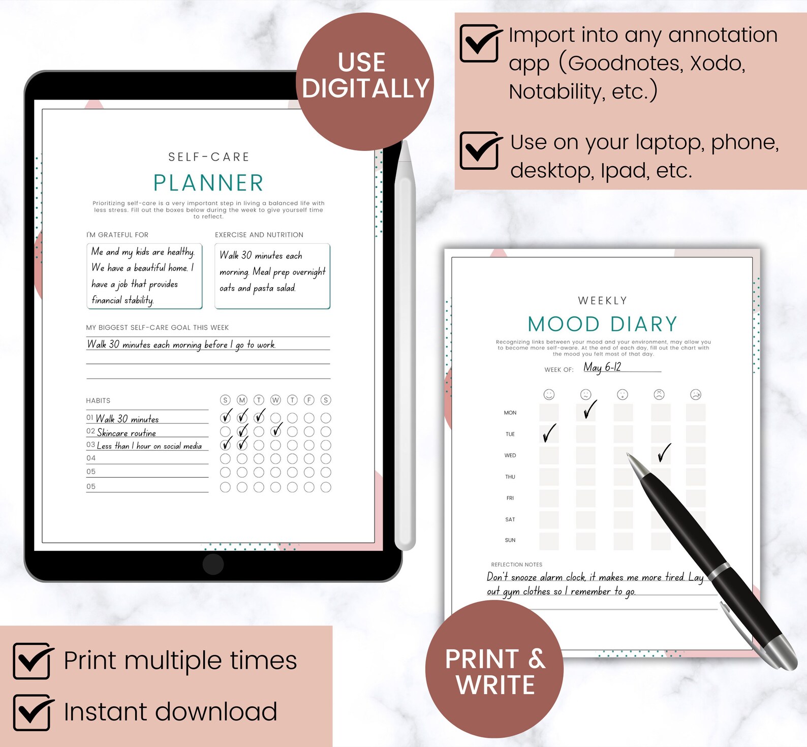 Self-care Planner, Mental Health Journal, Goals Worksheet, Habit ...