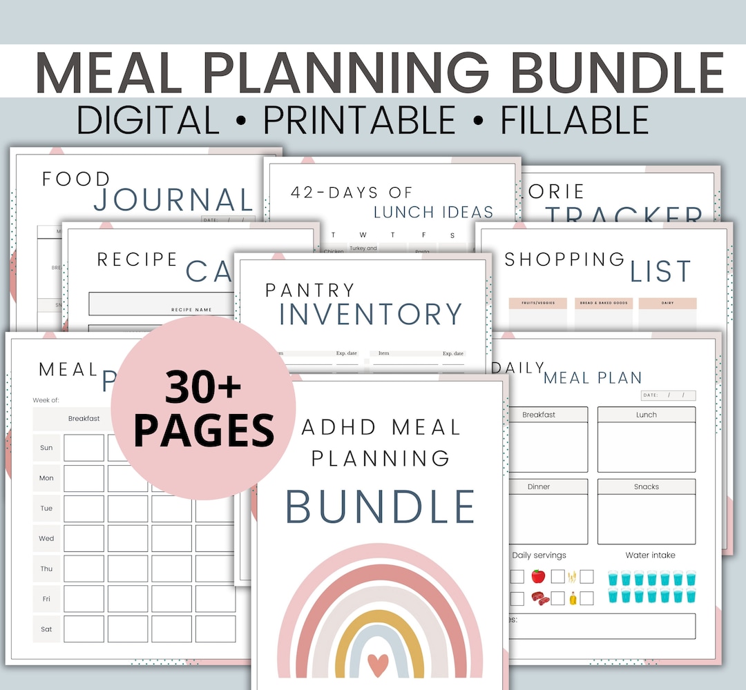 ADHD Monthly Meal Planner Printable, Daily Meal Tracker, Food Journal ...