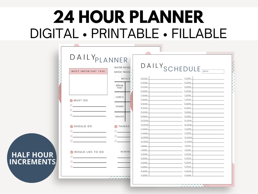 24 Hour Daily Planner Printable, Daily To-do List, Half Hour Planner ...
