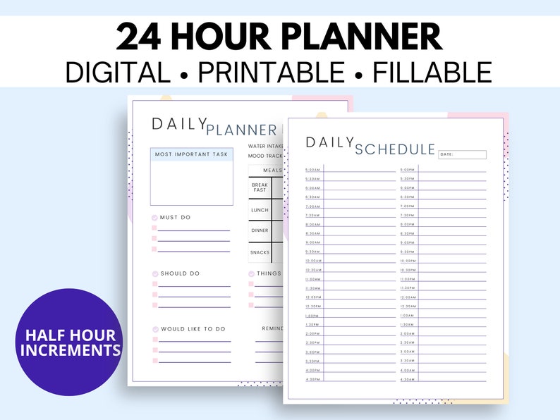 24 Hour Daily Planner Printable Daily To-do List Half Hour - Etsy