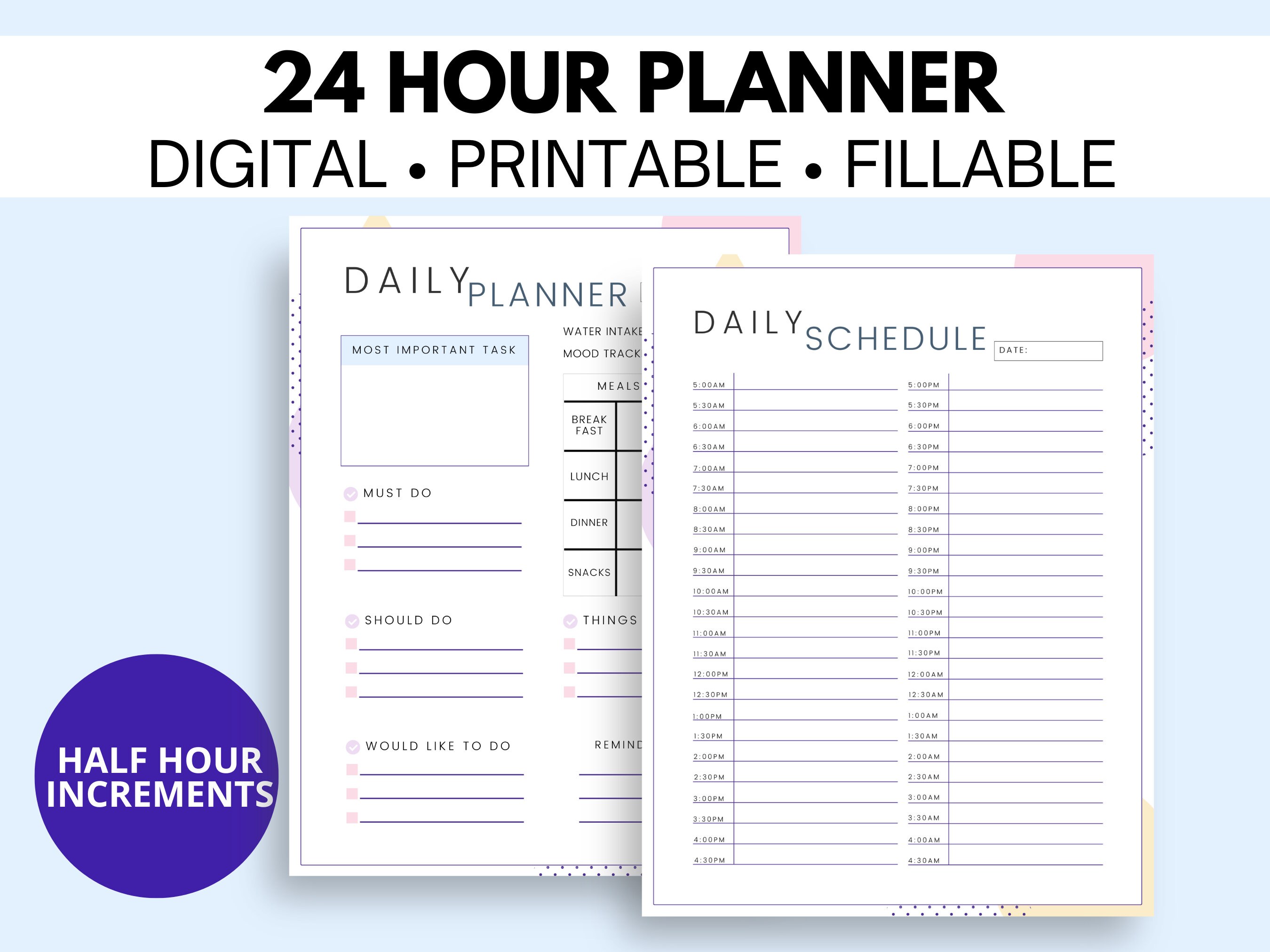 24 Hour Daily Planner Printable Daily To-do List Half Hour - Etsy