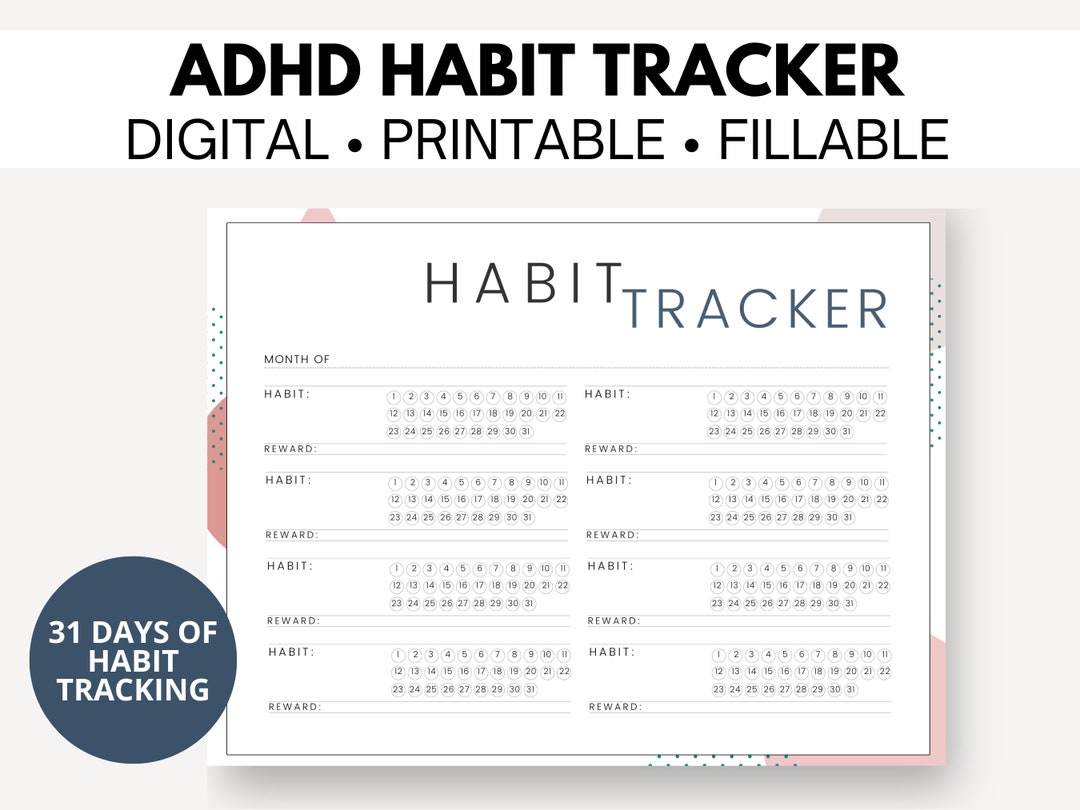 ADHD Monthly Habit Tracker Printable, Daily Habit Tracker Template ...