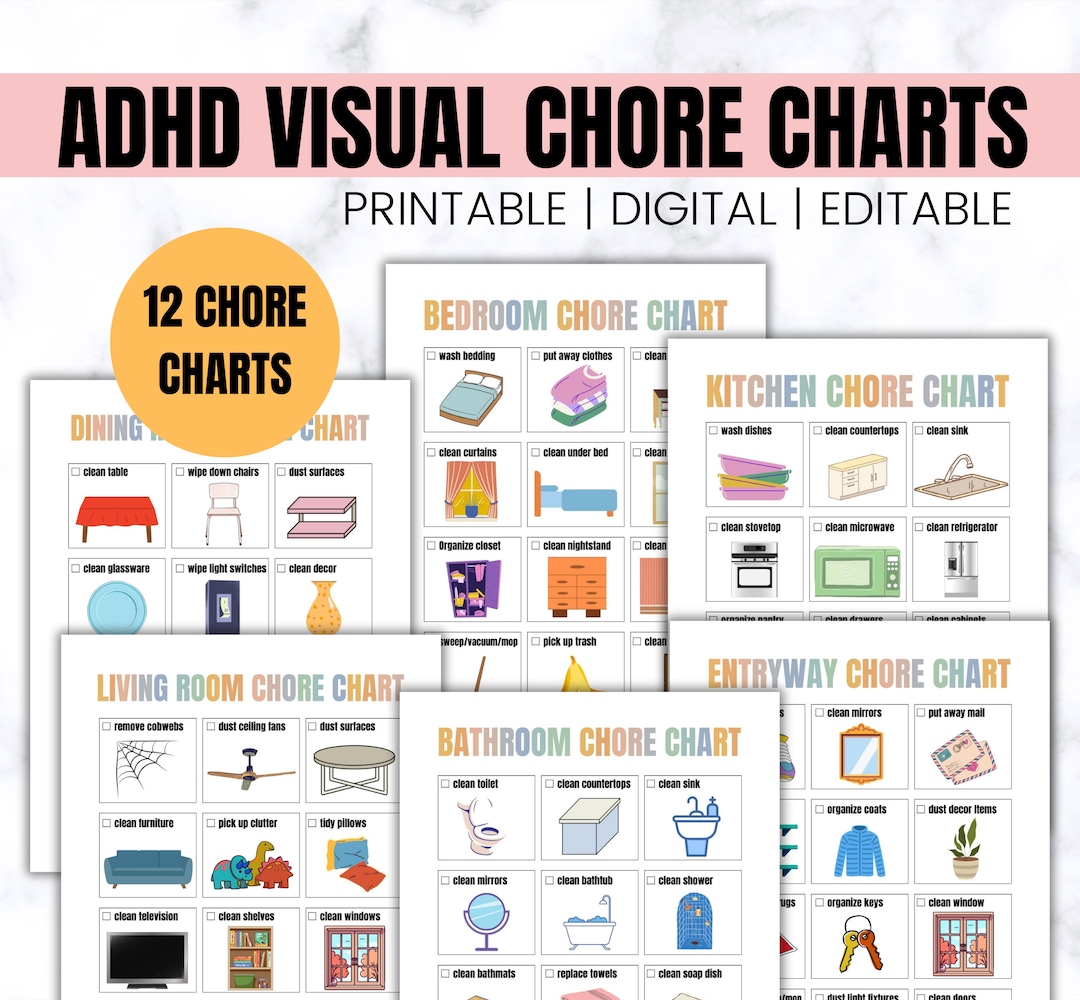 ADHD Visual Chore Charts Printable Editable | Room-by-room Cleaning ...