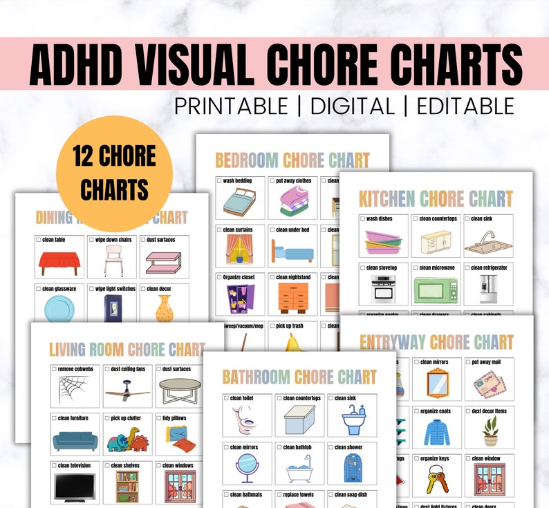 ADHD Visual Chore Charts Printable Editable | Room-by-room Cleaning ...