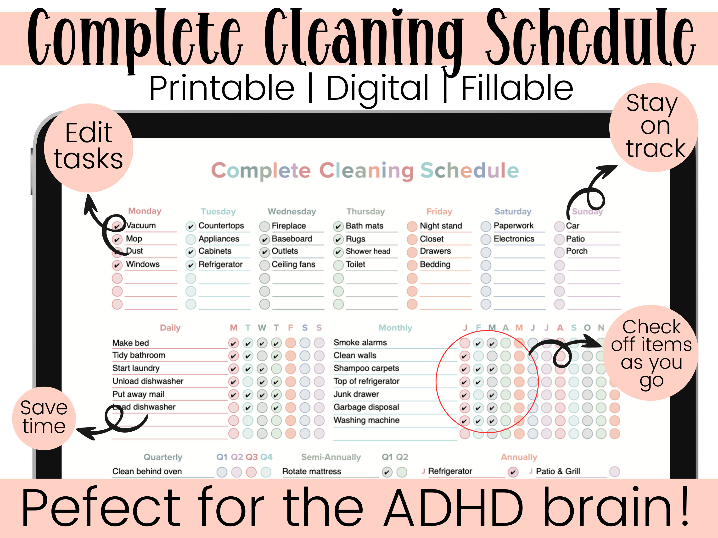 ADHD Chore Chart, Editable Cleaning Template, Adult Home Cleaning ...