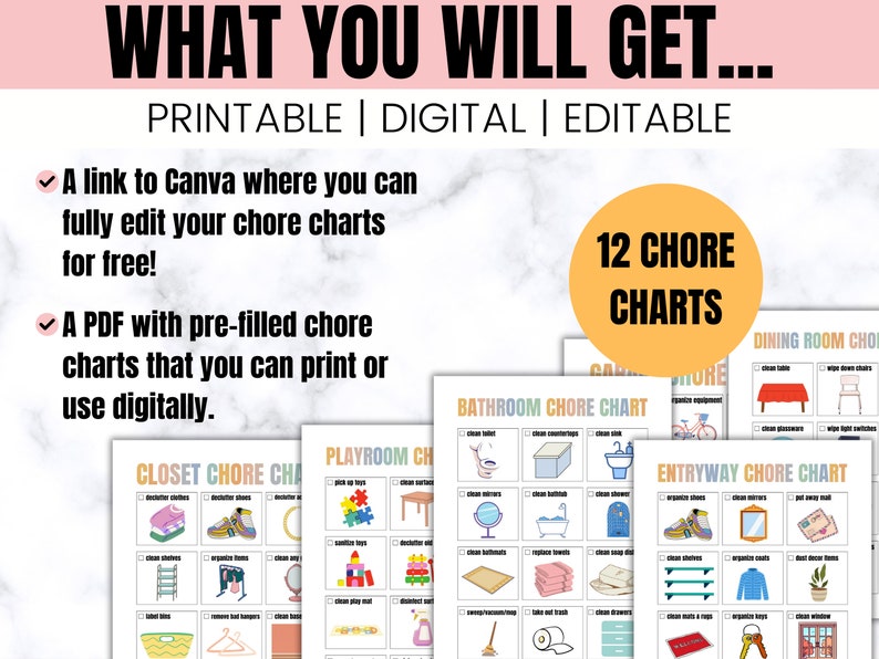 ADHD Visual Chore Charts Printable Editable | Room-by-room Cleaning ...