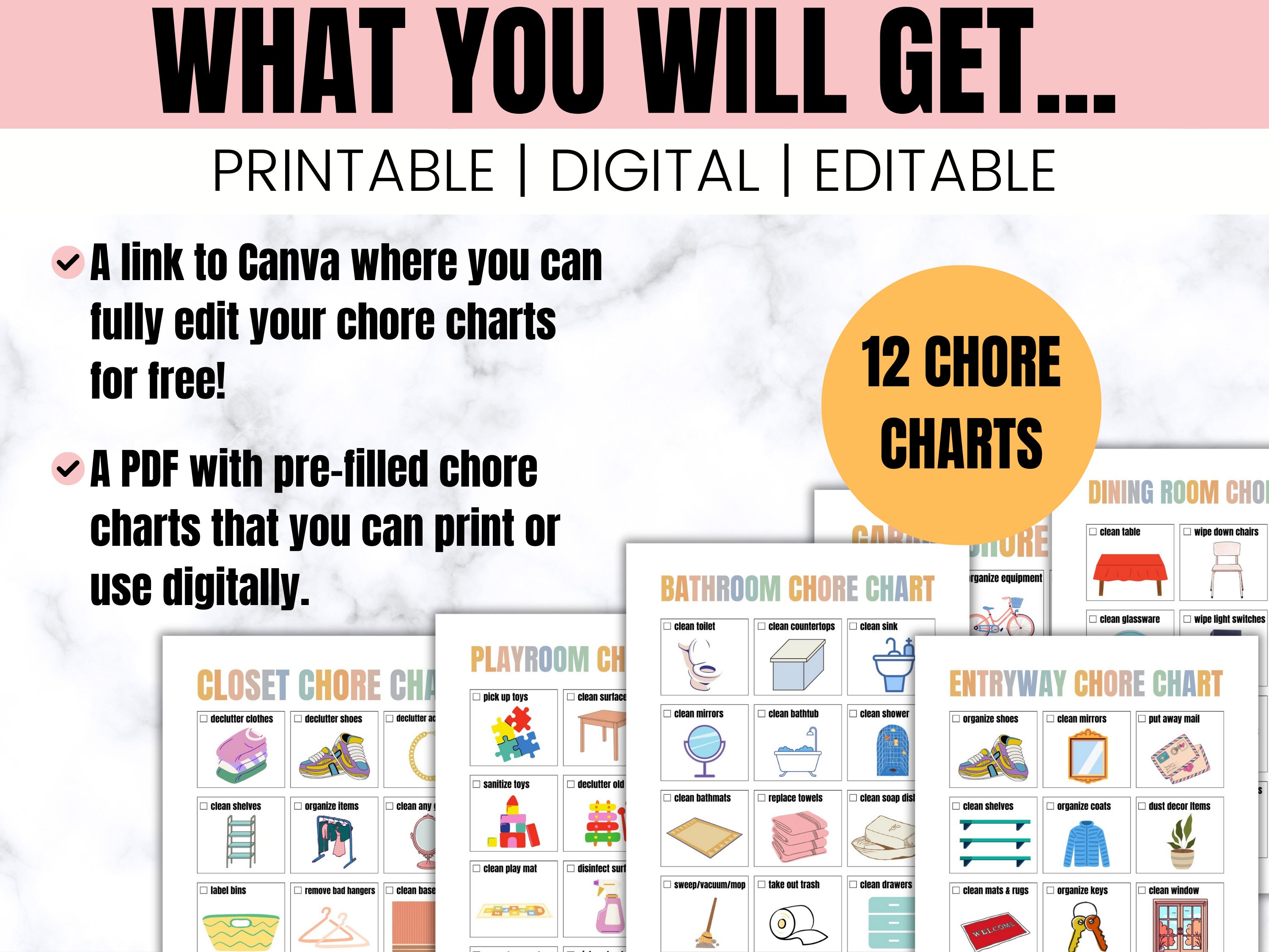 ADHD Visual Chore Charts Printable Editable | Room-by-room Cleaning ...