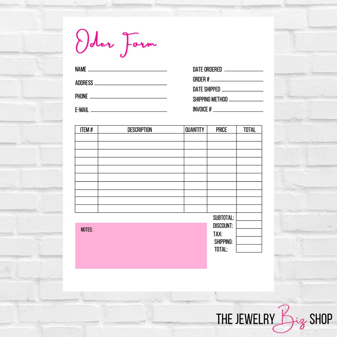 Jewelry Business Order Form Print Sales Invoice PDF Jewelry Order Sheet ...