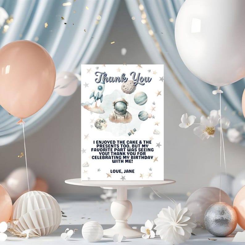 Editable Outer Space Birthday Thank You Card Space Astronaut to the ...