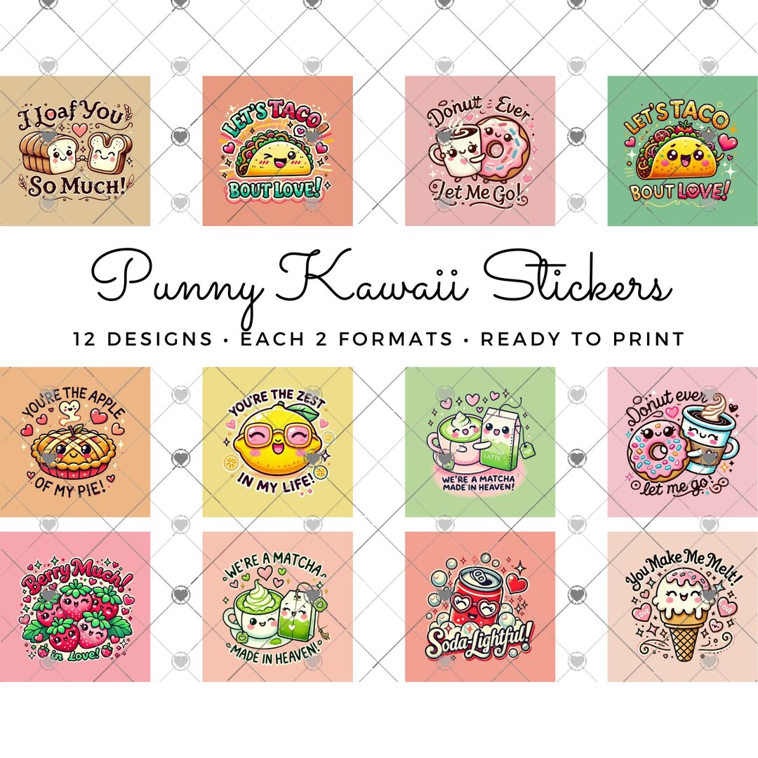 Kawaii Pun Funny Stickers Png Bundle, Funny Printable Stickers Png ...