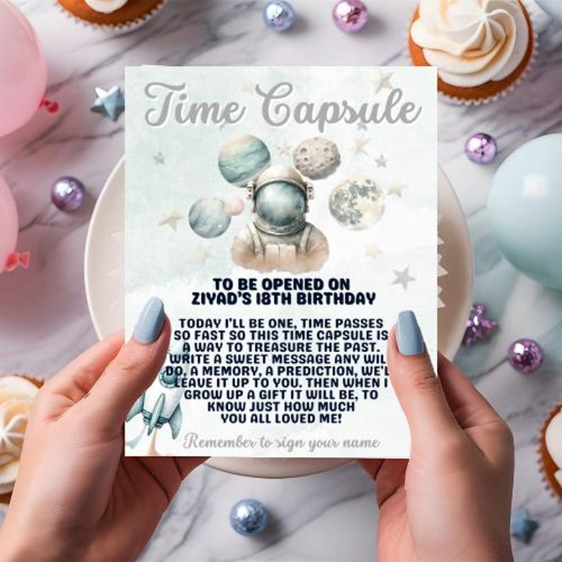 Editable Outer Space Time Capsule First Birthday Party Astronaut Rocket ...