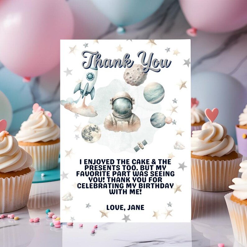 Editable Outer Space Birthday Thank You Card Space Astronaut to the ...
