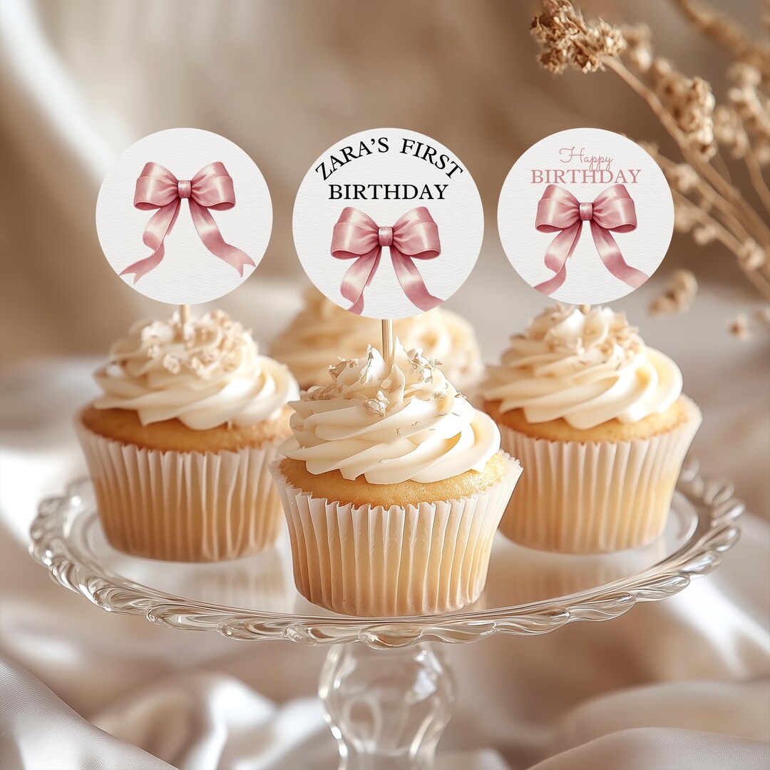 Pink Bow Cupcake Toppers, Pink Bow 1st Birthday Cupcake Toppers ...