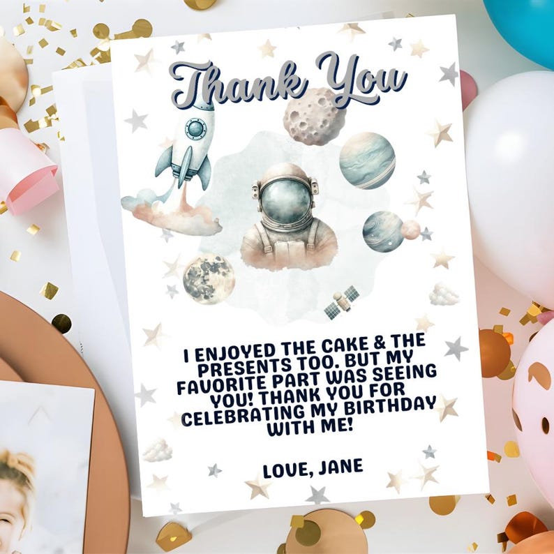 Editable Outer Space Birthday Thank You Card Space Astronaut to the ...
