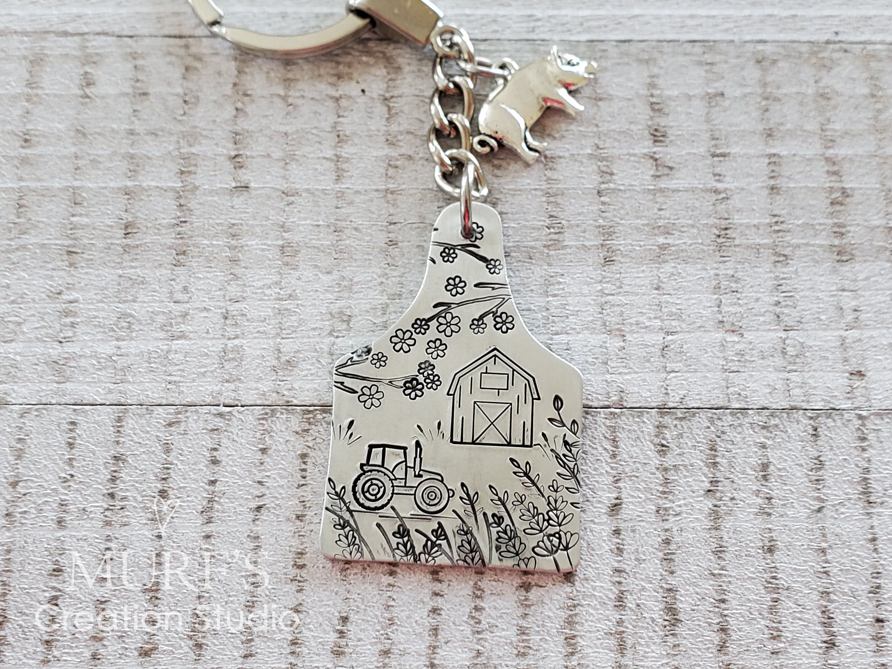 Farm Tractor Barn Pig Cattle Tag Hand Stamped Keychain | Etsy