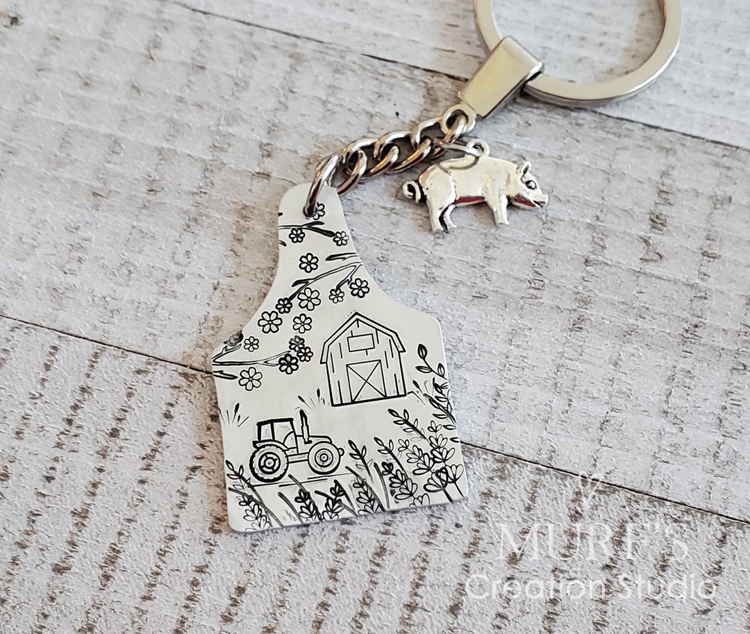 Farm Tractor Barn Pig Cattle Tag Hand Stamped Keychain - Etsy