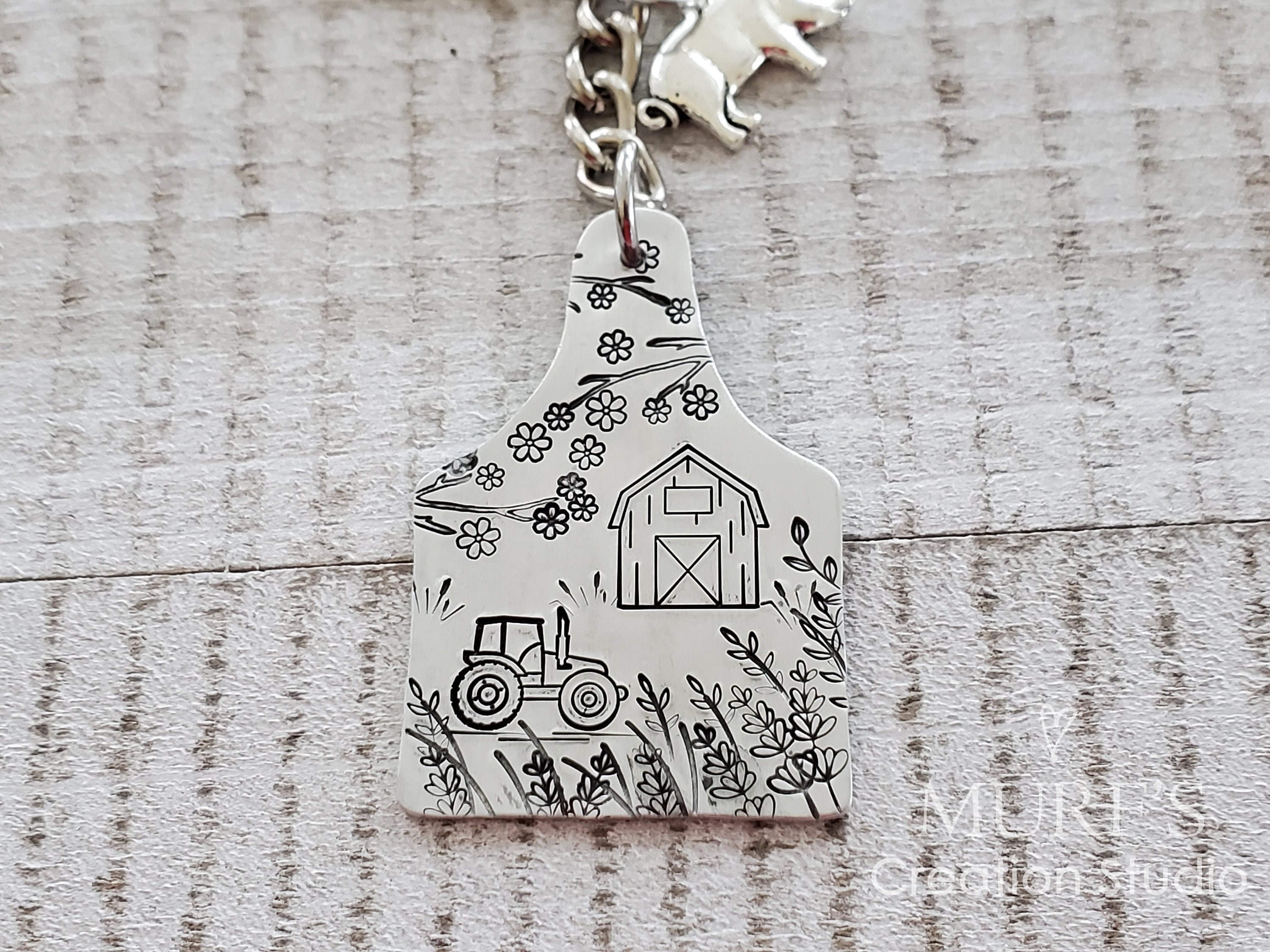 Farm Tractor Barn Pig Cattle Tag Hand Stamped Keychain | Etsy