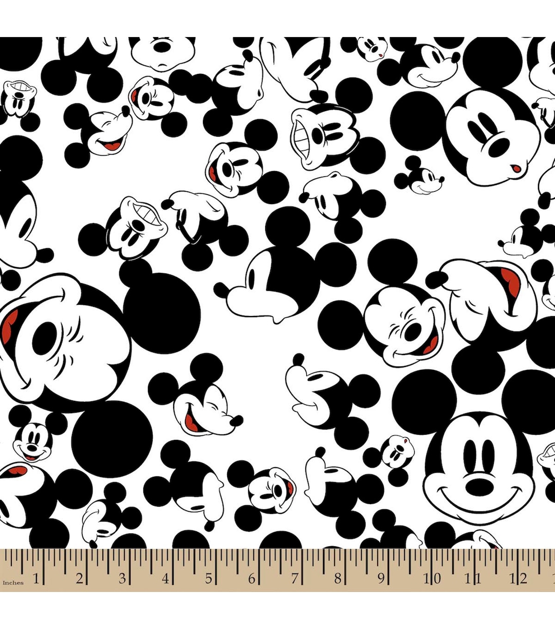 Mickey Mouse Fabric - Faces of Mickey Black and White - Cotton Fabric ...