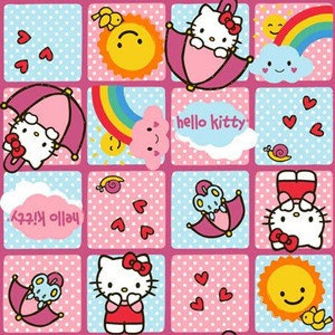 Hello Kitty Cotton Fabric - Classic Hello Kitty - Squares - Umbrella ...