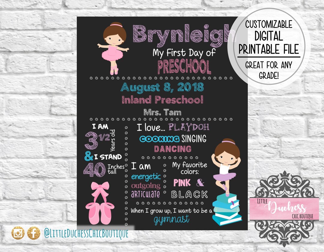 Back to School Ballerina Chalkboard Sign, Ballerina, First Day of ...