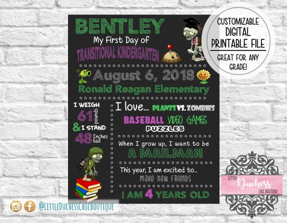 Back to School Plants Vs Zombies Chalkboard Sign PVZ First | Etsy