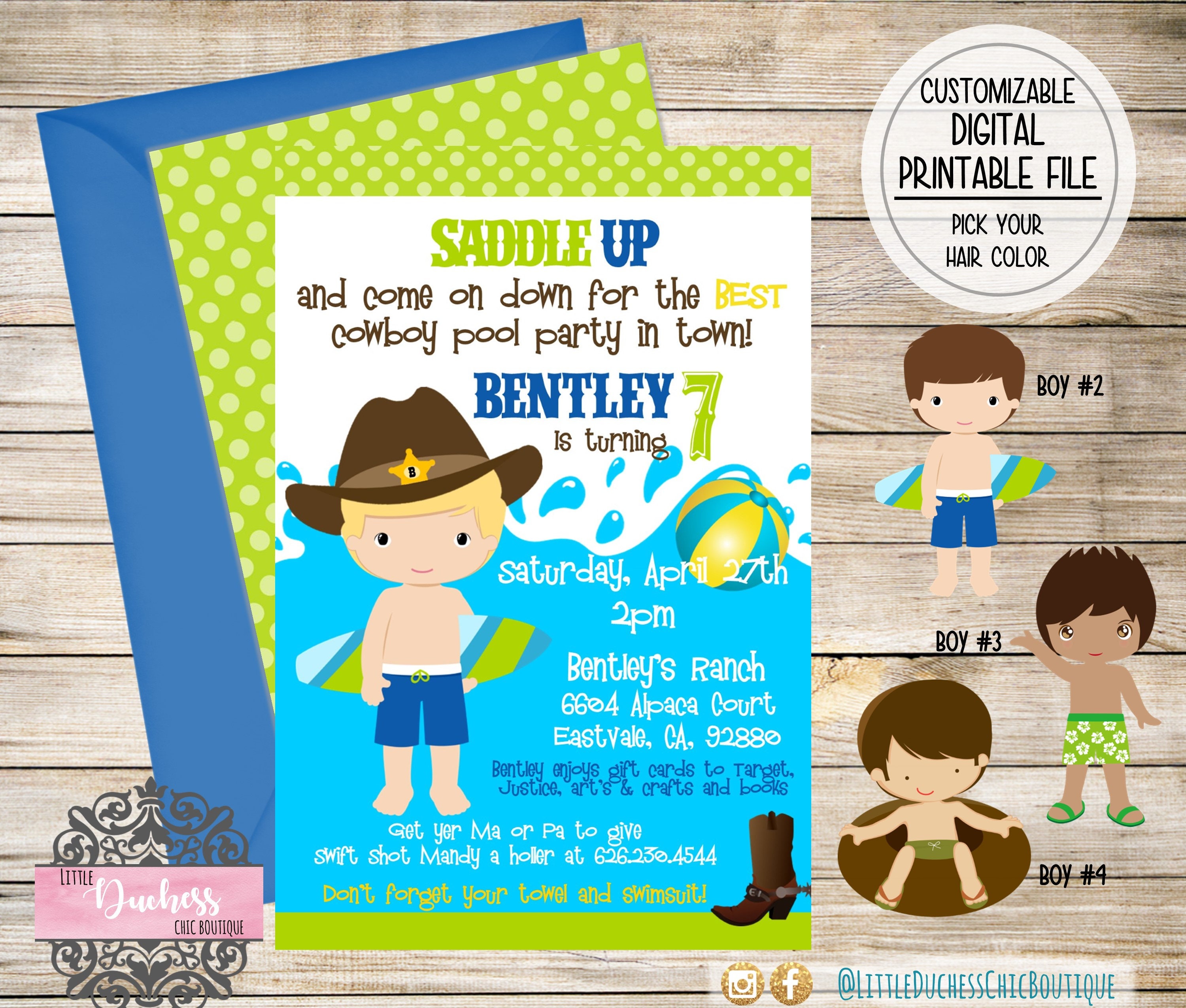 Cowboy Pool Party Birthday Invitation, Pool Party, Boy Party, Cowboy ...