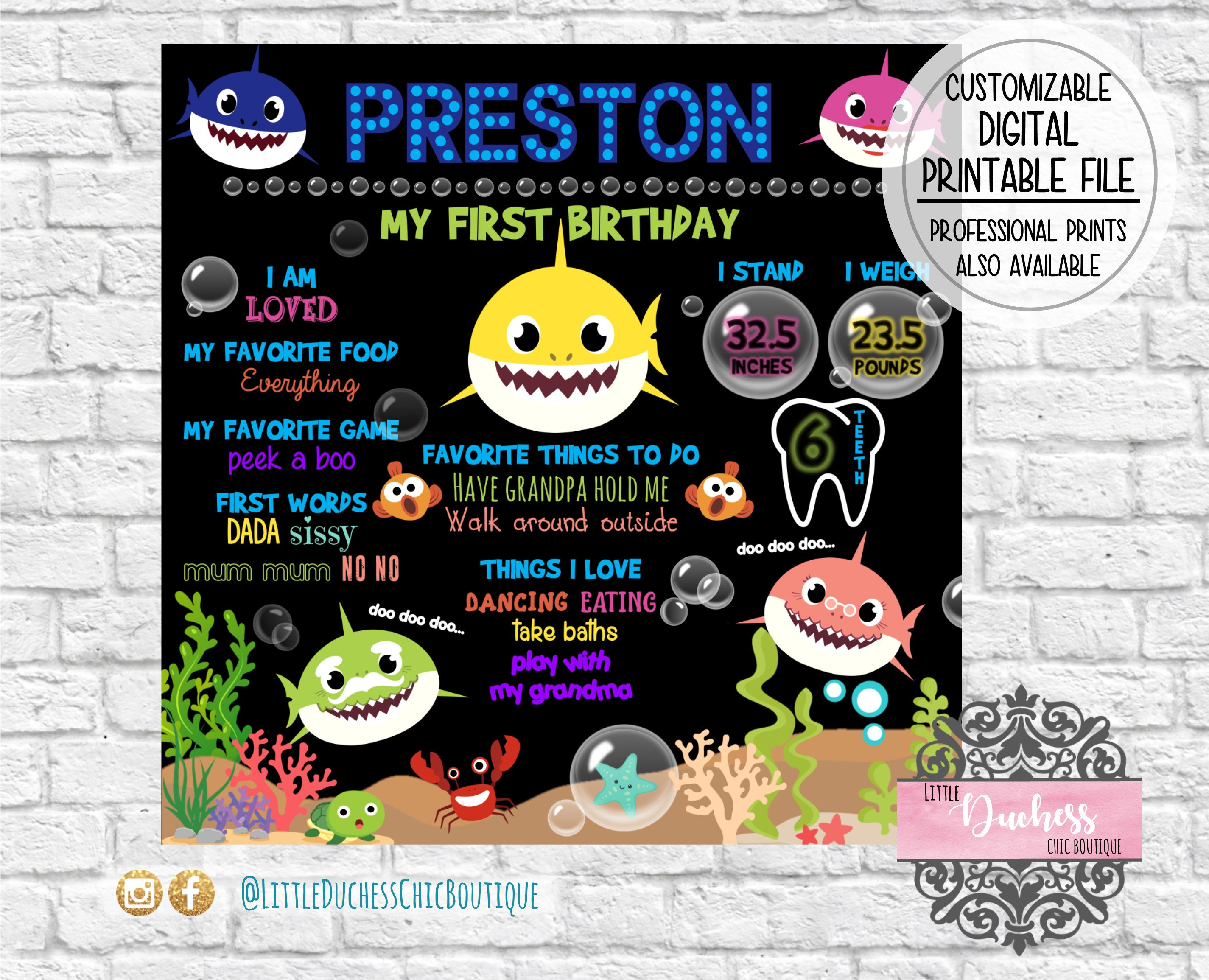 Baby Shark First Birthday Chalkboard Sign Birthday Milestone Poster ...