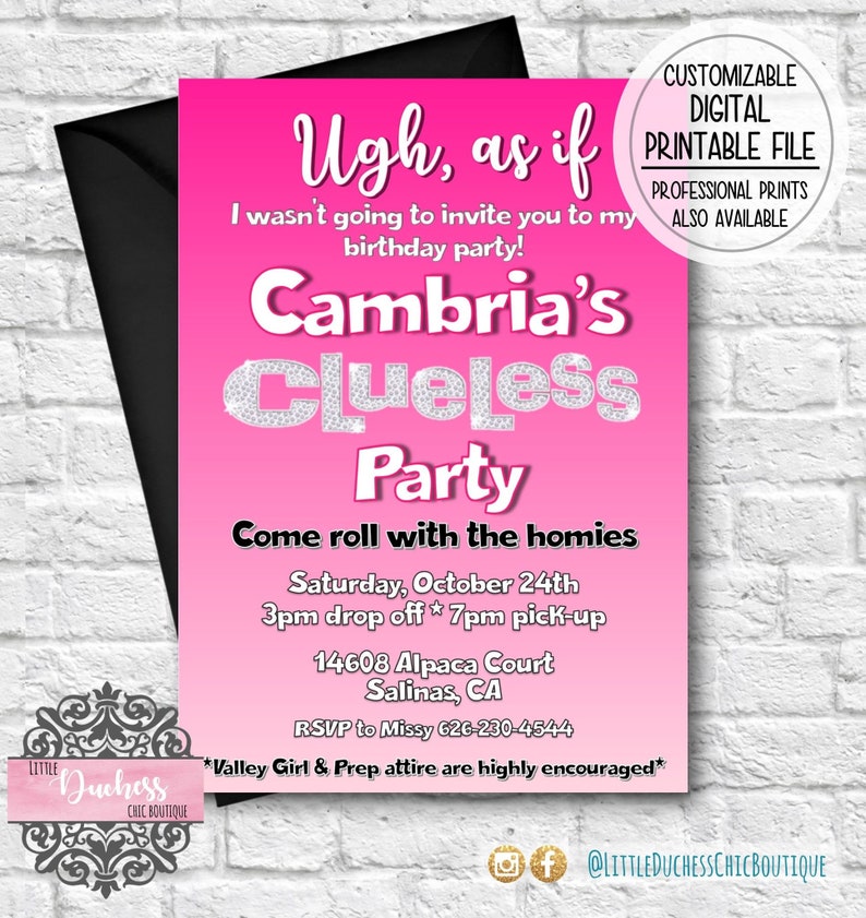 Clueless Party Birthday Invitation, Girl Party, Digital Invite ...