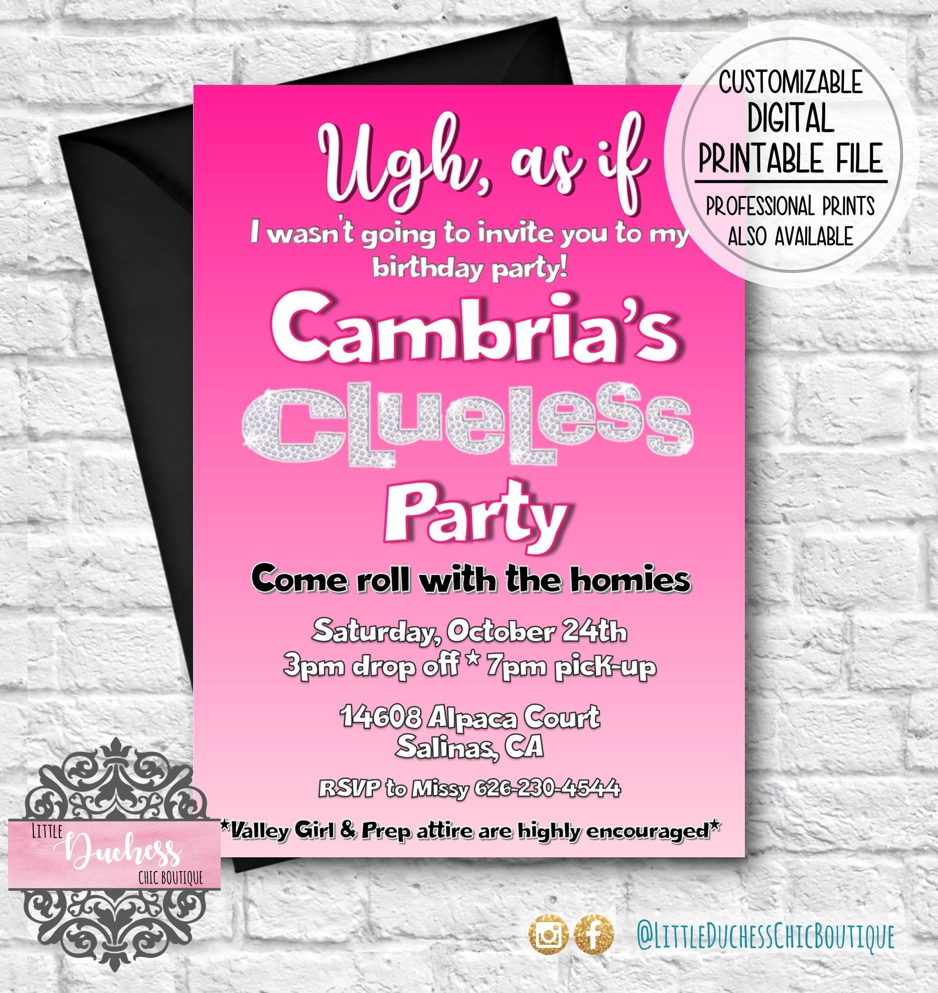 Clueless Party Birthday Invitation, Girl Party, Digital Invite ...