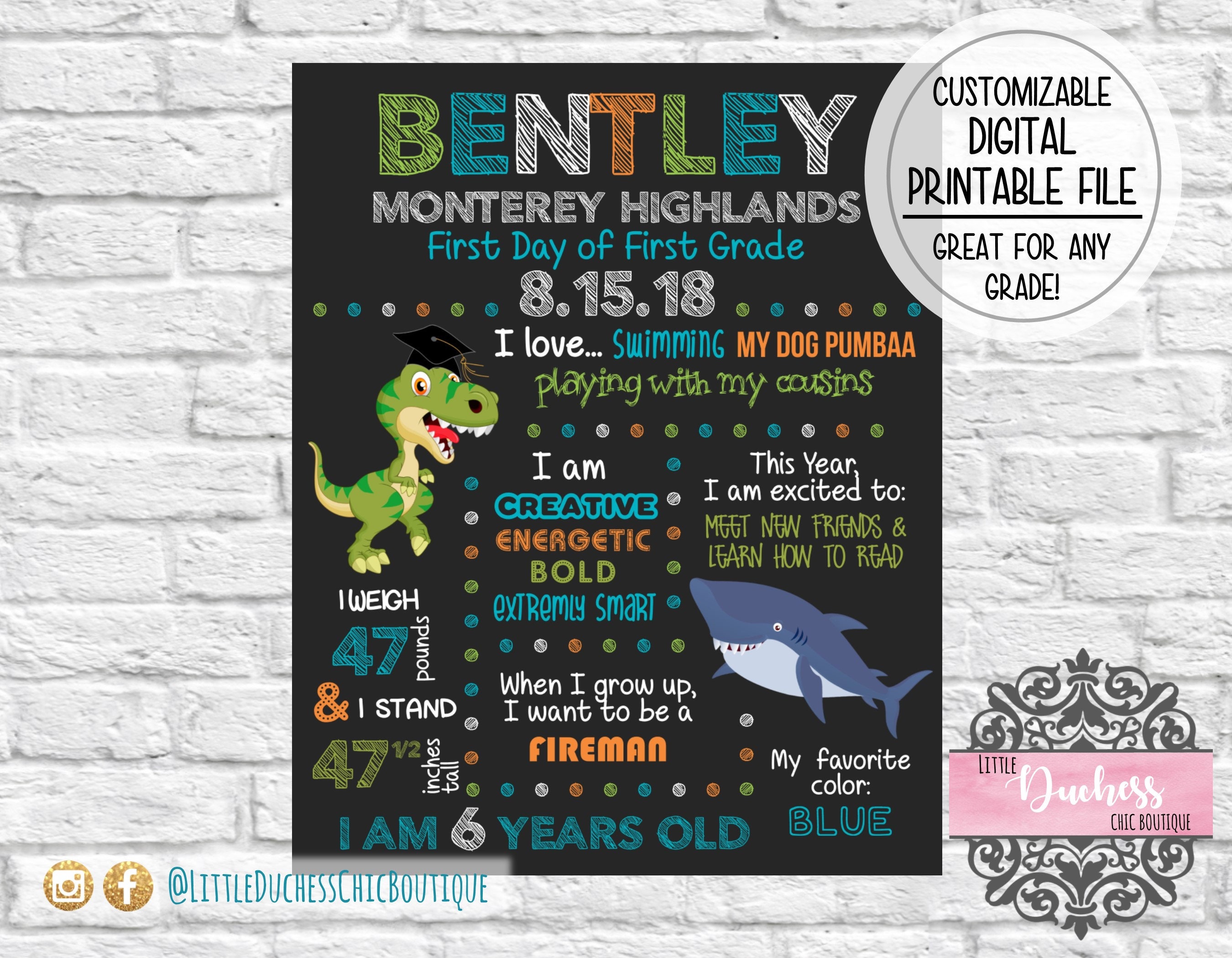 Back to School Dino and Shark, Chalkboard Sign, Dinosaur, First Day of ...