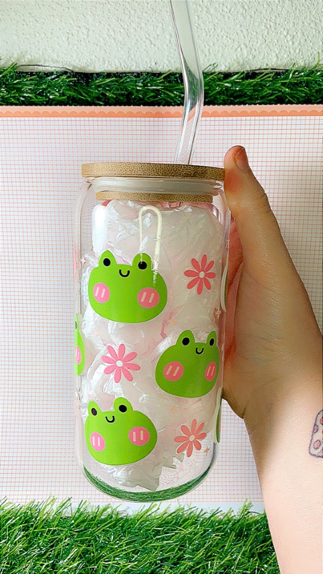 Frogs Summer Kawaii Adorable 15oz Cup With Bamboo Lid and Glass Straw ...