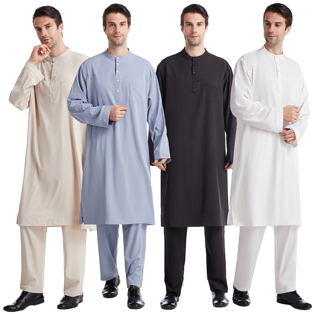 Muslim Arabic Men Jubba Thobe Button Robepants2pcs Clothes Suit Abaya