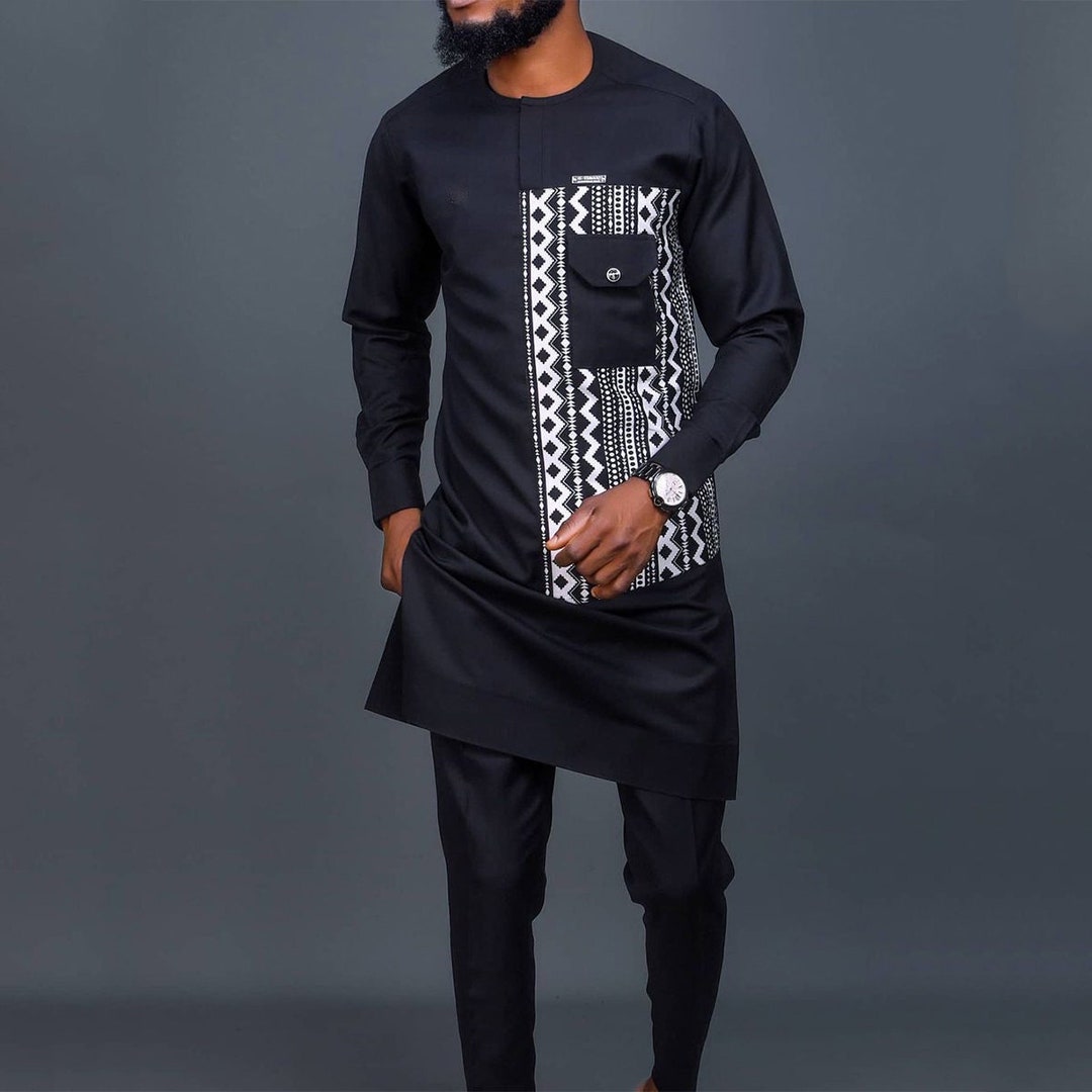 Men's Traditional African Dashiki Long Sleeve 2-piece Set Striped Shirt and Pants Suit in Black ...