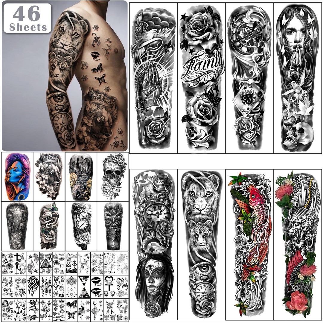 Extra Large Full Arm Waterproof Temporary Tattoos 8 Sheets and Half Arm ...