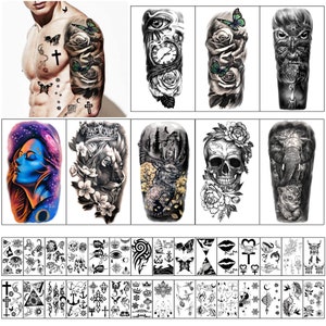 Extra Large Full Arm Waterproof Temporary Tattoos 8 Sheets and Half Arm ...