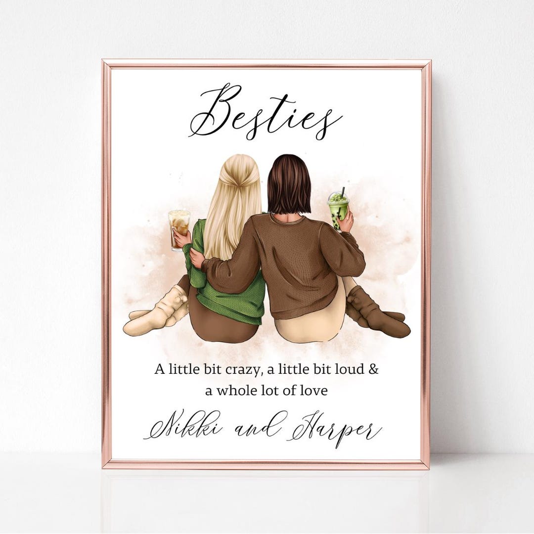 Two Best Friends Portrait, Personalized Print for Bestie, Friend ...
