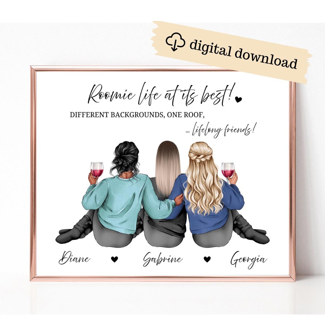 Personalized Three Roomies Digital Art, Custom Roommate Portrait ...