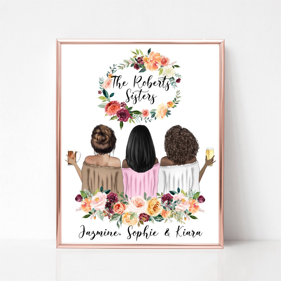 Personalized Print for Sisters, Three Sisters Digital Portrait, Gift ...