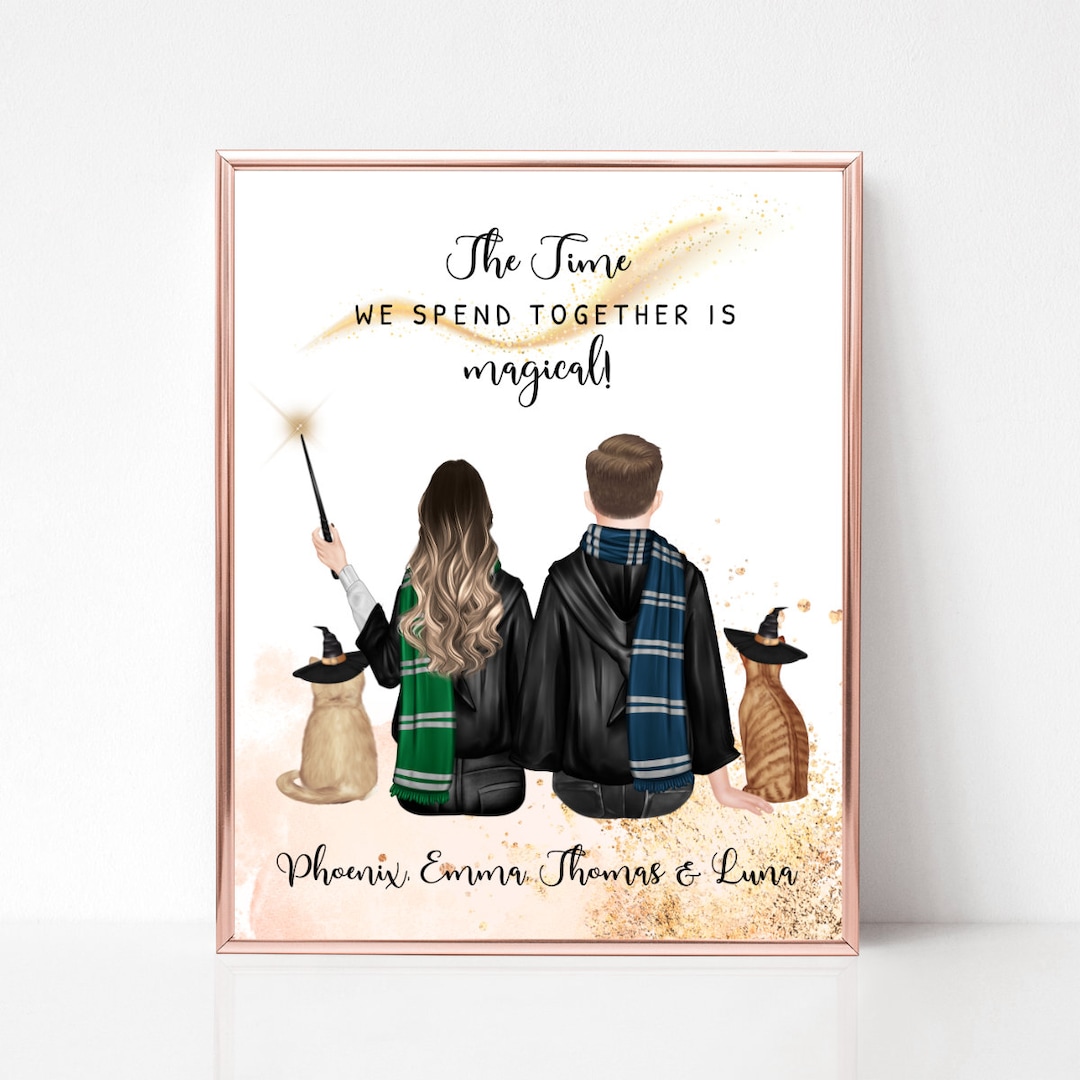 Wizard Couple Portrait With Pet, Personalised Wizard Print, Custom ...