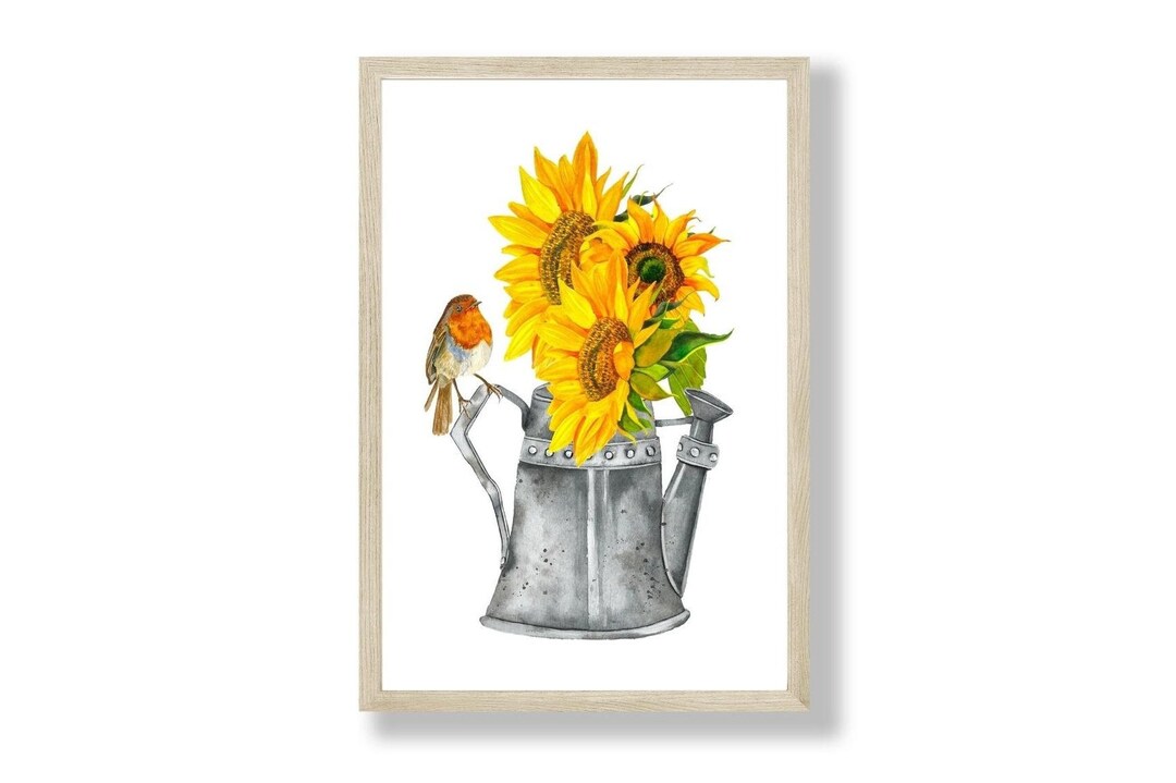 Sunflowers in a Watering Can With a Robin, Watercolour Floral and Robin ...